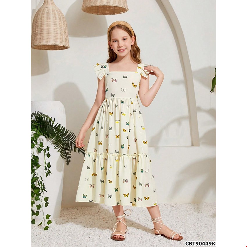 Đầm hoa rufle cổ vuông tay cánh tiên cho bé CBT90449K | Bé Cưng Shop