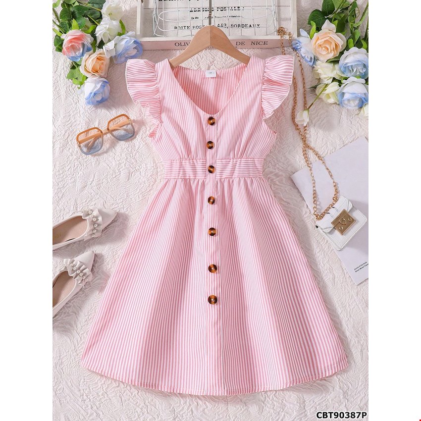 Váy thắt lưng đắp cúc cổ chữ V tay áo cánh tiên sọc thời trang cho bé ...